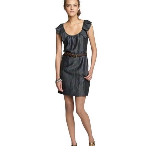 J. Crew | Dresses | J Crew Charcoal Linen Ruffle Neck Sz 8 Sheen | Poshmark